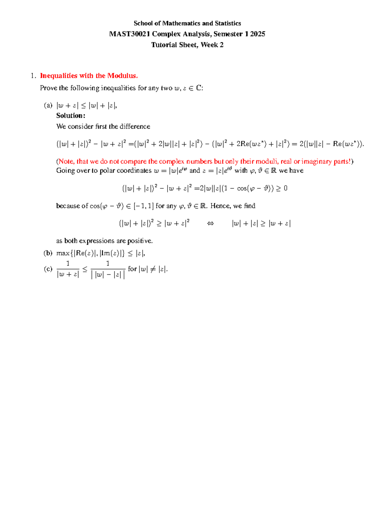 MAST30021 Complex Analysis Tutorial Sheet Week 2: Inequalities ...