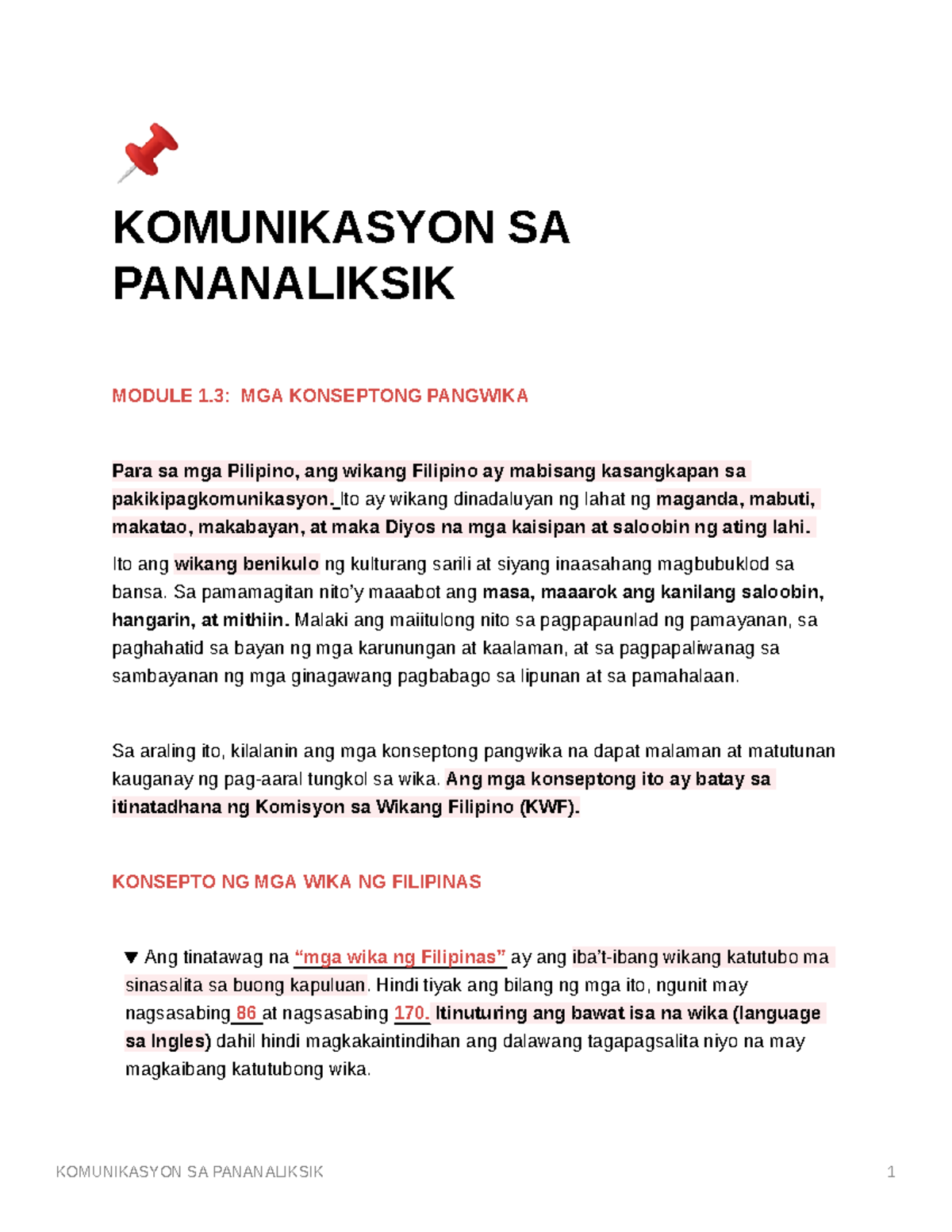 KOMUNIKASYON SA AKADEMIKONG FILIPINO LECTURE NOTES MODULE 1.3 - Studocu