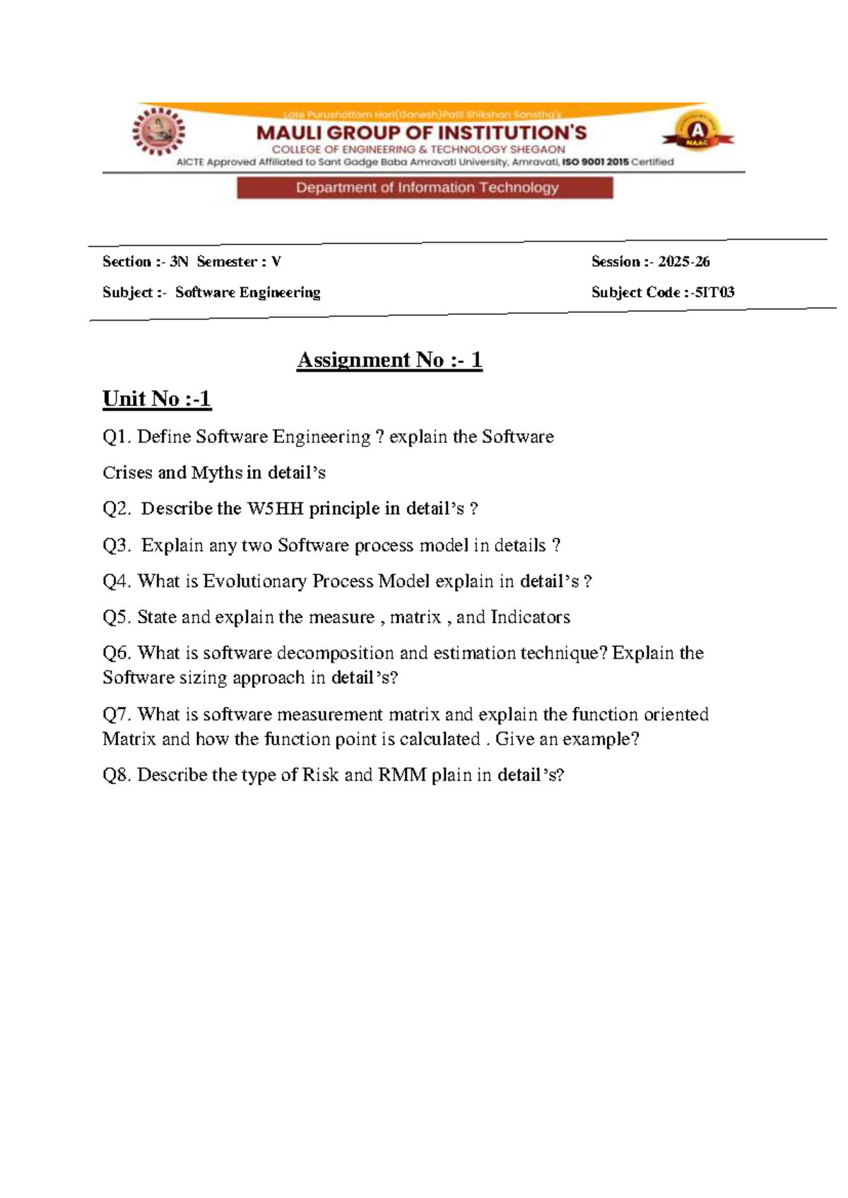 SE V Sem Assignment 1: Software Engineering Concepts & Models - Studocu