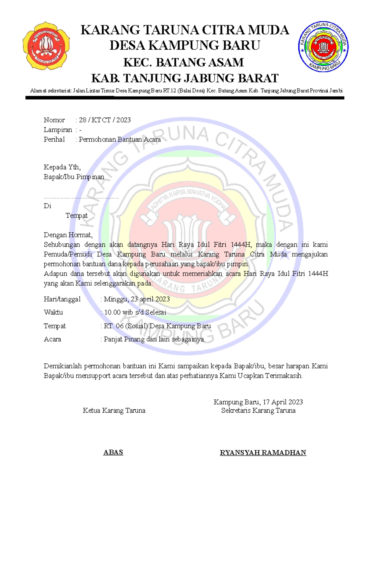 Proposal Permohonan Bantuan Acara Idul Fitri 2023 oleh Karang Taruna ...