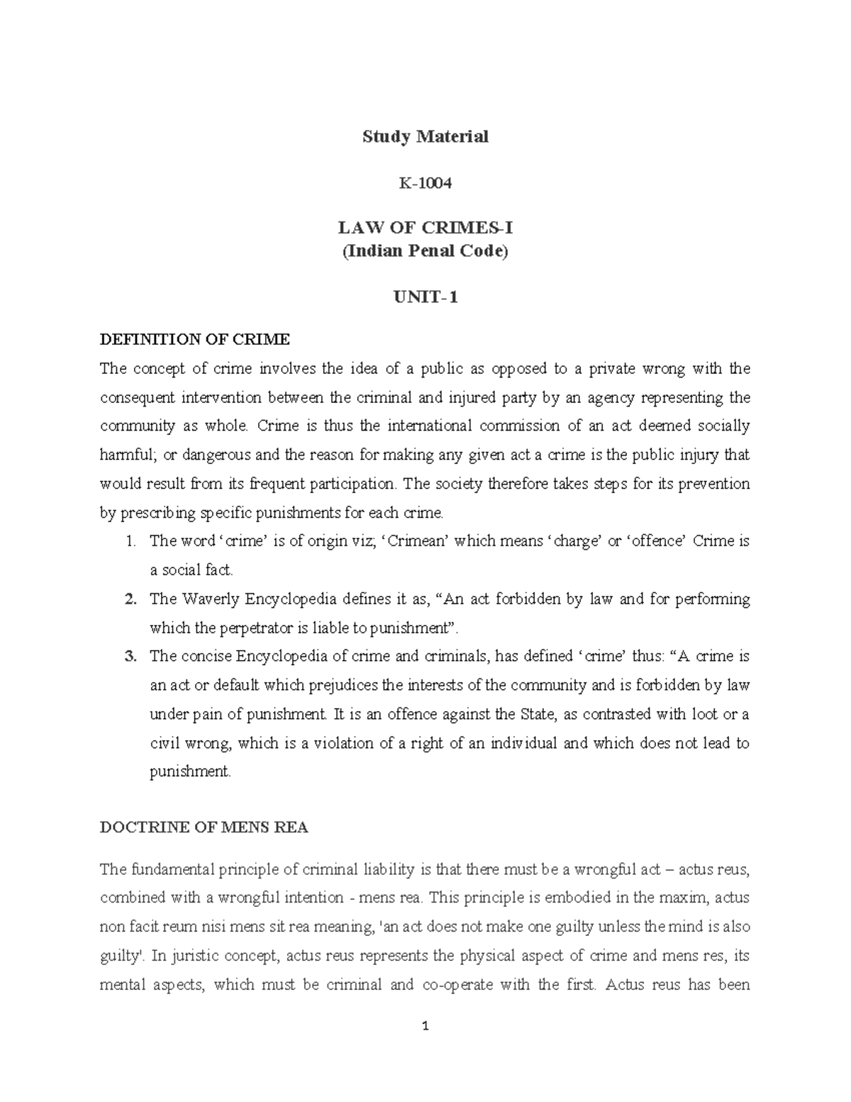 IPC UN - Understanding the Definition of Crime and Mens Rea - Studocu