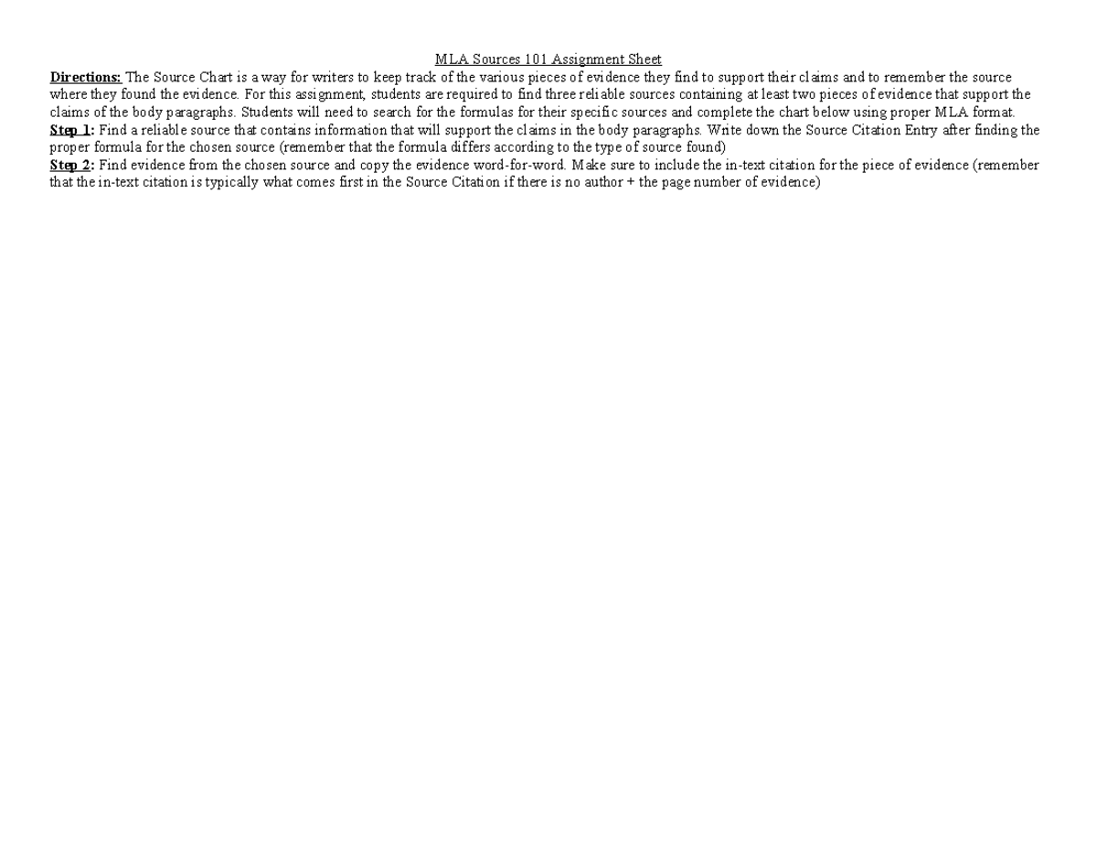 MLA sources 101 assignment sheet for tracking evidence and citations ...