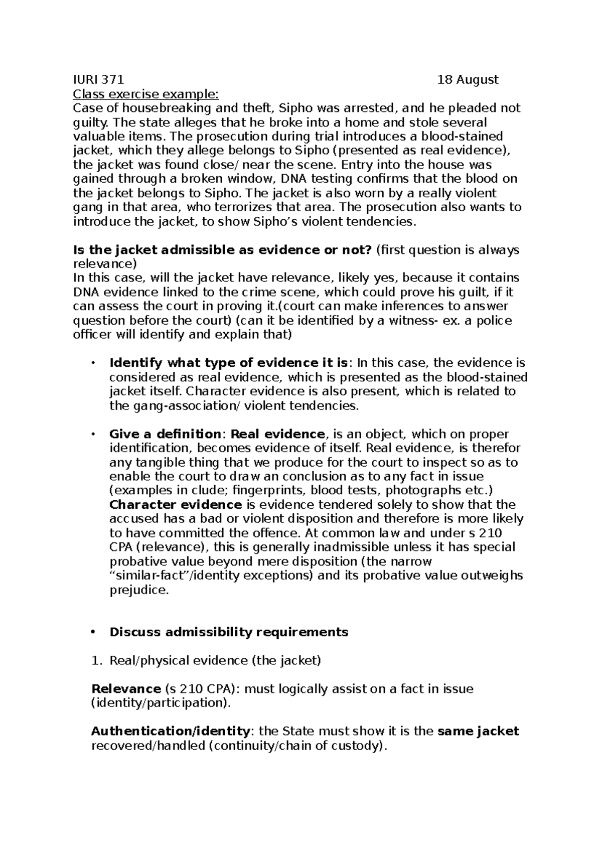 IURI 371 - Case Study on Admissibility of Real Evidence in Theft - Studocu
