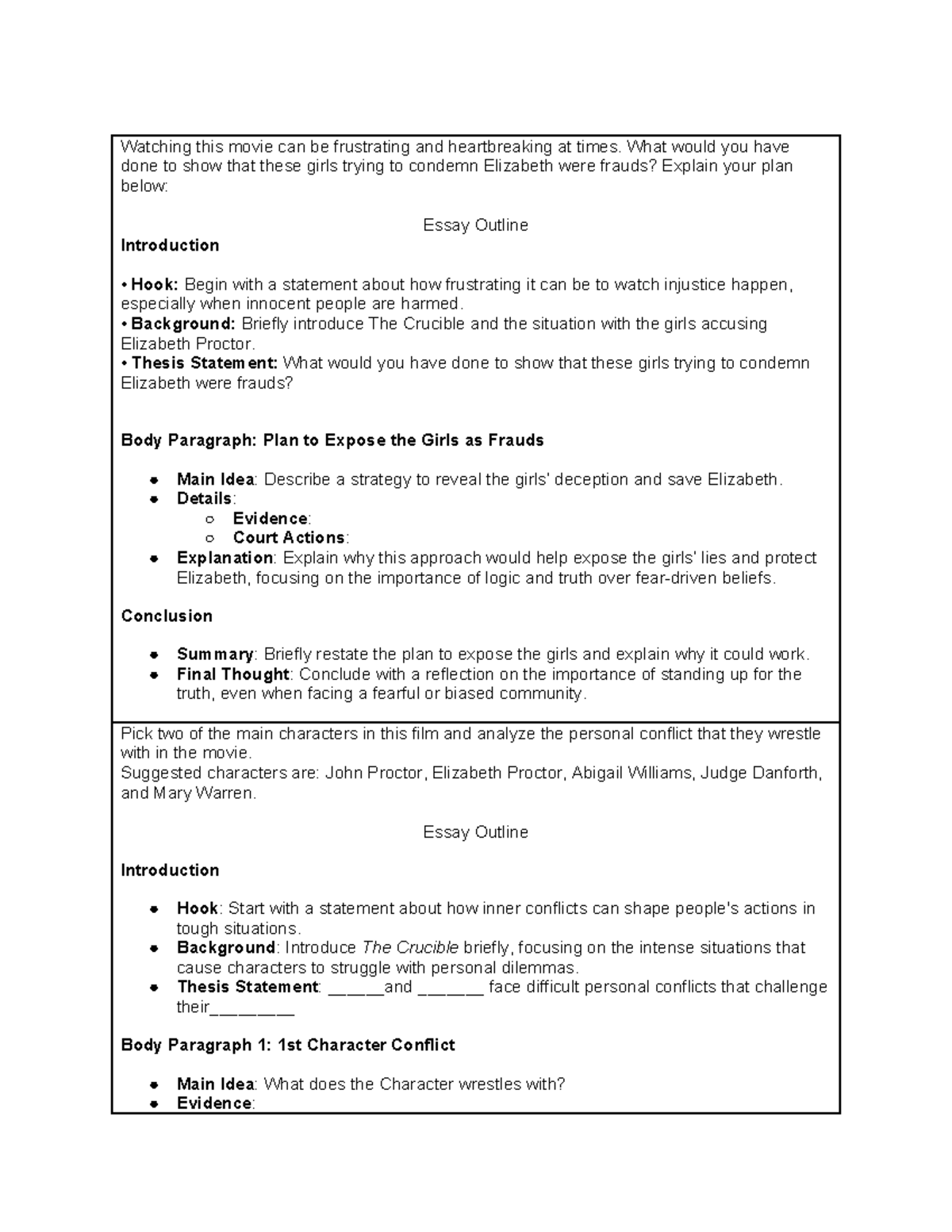 The Crucible Essay Outlines: Character Conflicts & Moral Choices - Studocu