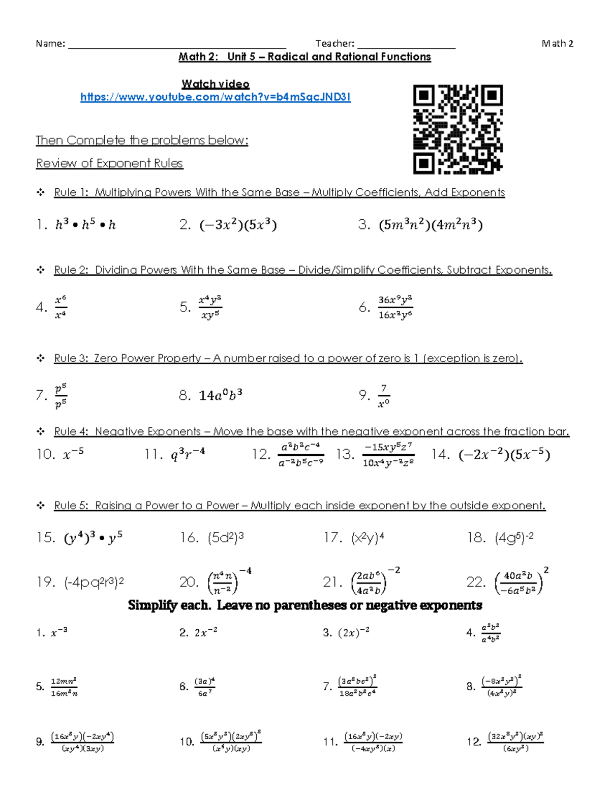 Math 2 Unit 5 packet: Radical and rational functions review - Studocu