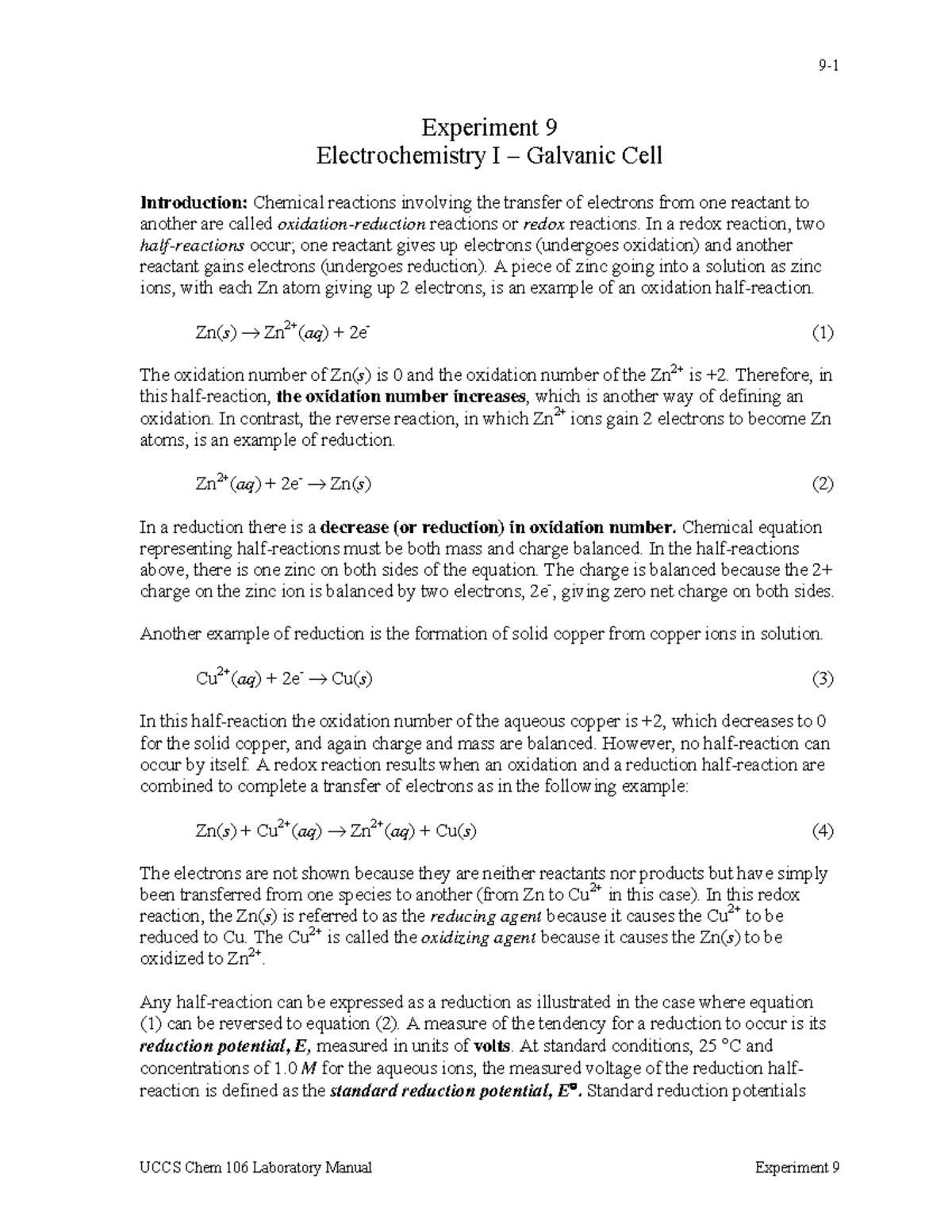 Electrochemistry I Lab Report: Exploring Galvanic Cells (Chem 101 ...