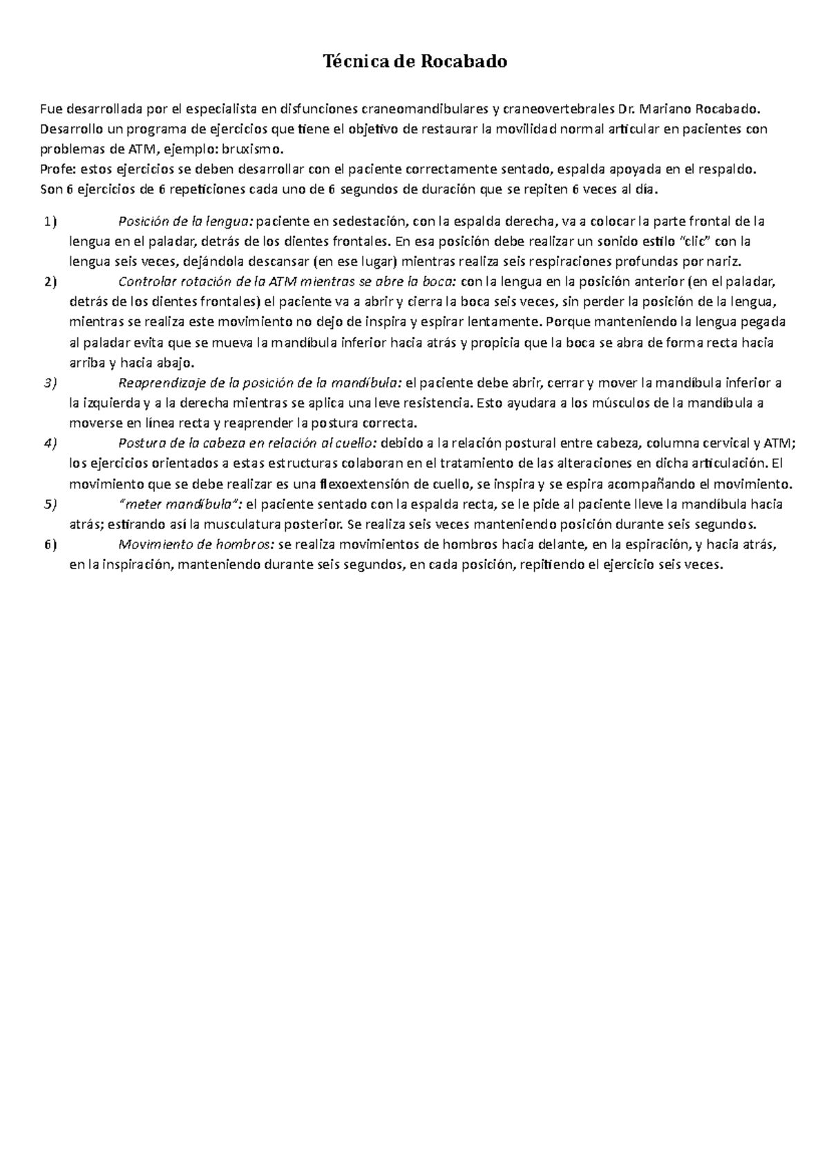 Ejercicios de Técnica Rocabado para Disfunciones ATM - Studocu