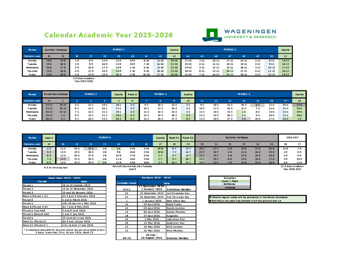 Academic Calendar WUR AY 2025-2026: Exam & Holiday Schedule - Studeersnel
