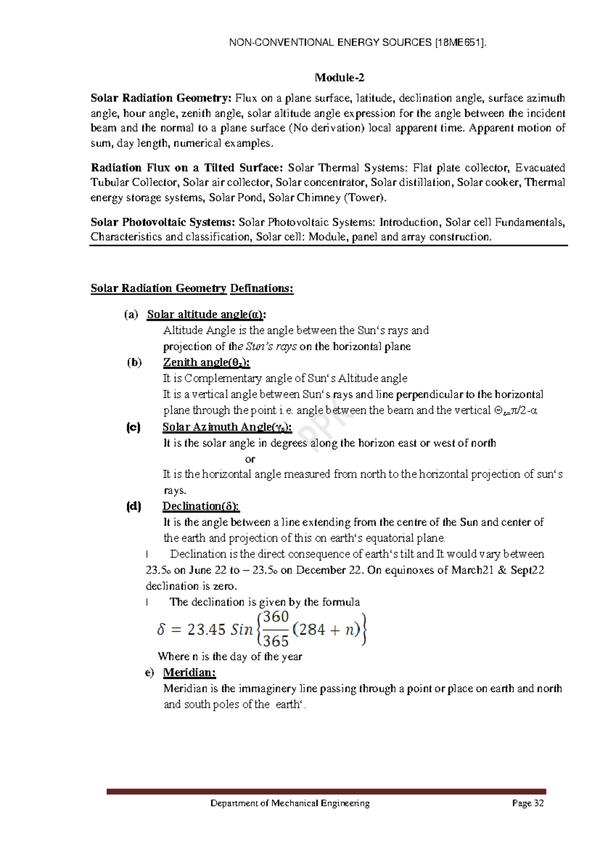 21ME652 Module 2: Solar Radiation Fundamentals, Systems & Examples - Studocu