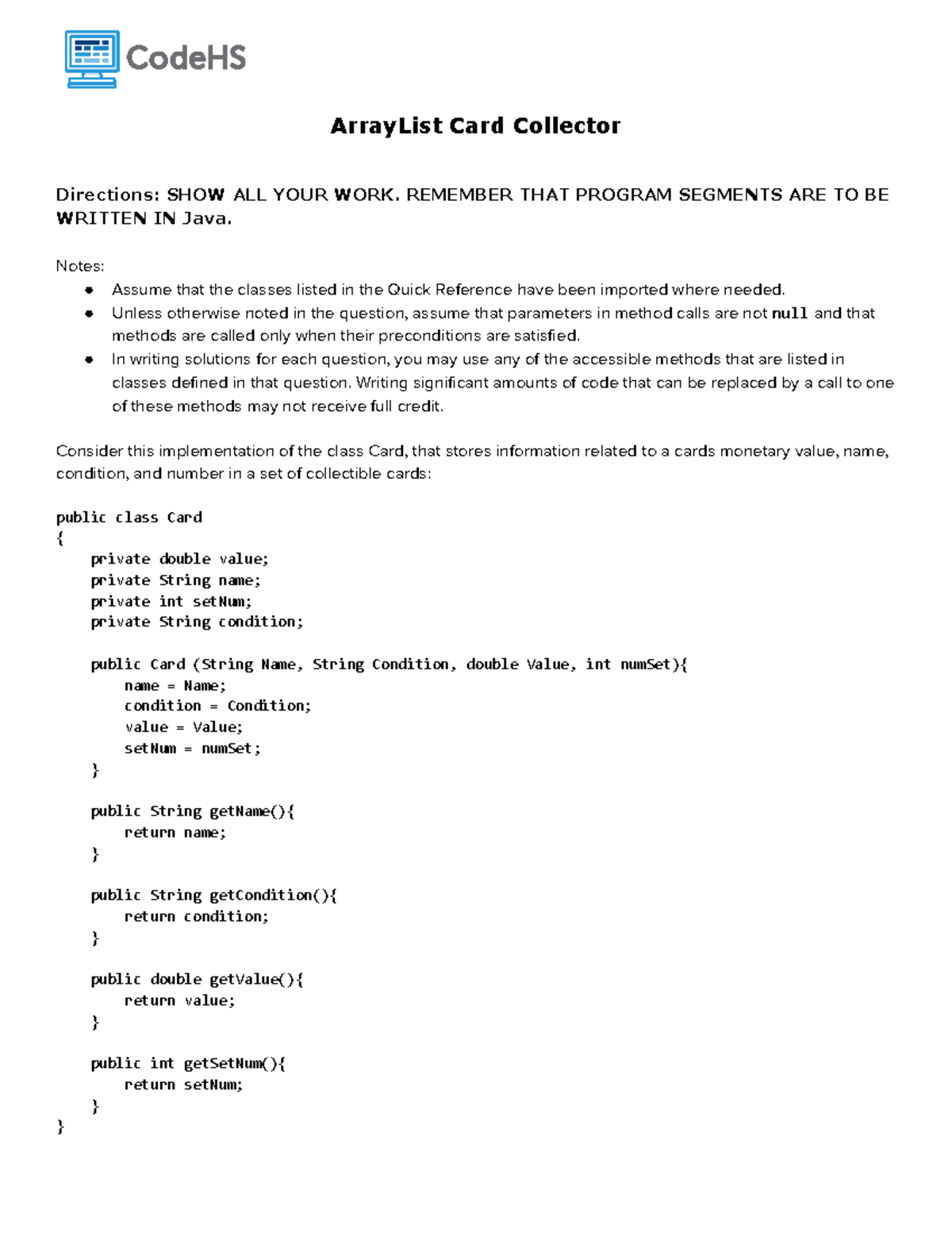 [AP Java] [Array List] Card Collector FRQ Solutions and Guidelines - Studocu