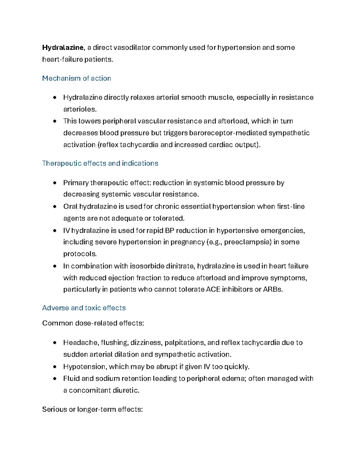 Hydralazine Mechanism & Clinical Use: Erin Amos 290 Notes - Studocu