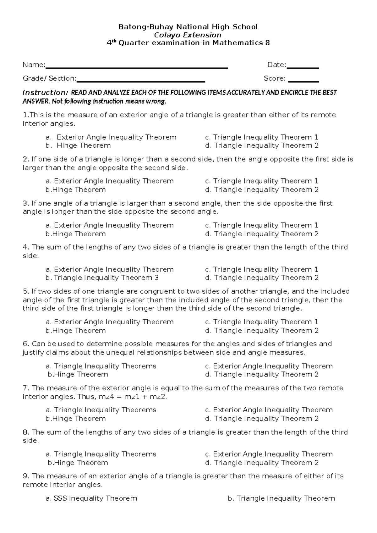 Q4 Math 8 exam - quarter 4 examination - Batong-Buhay National High ...