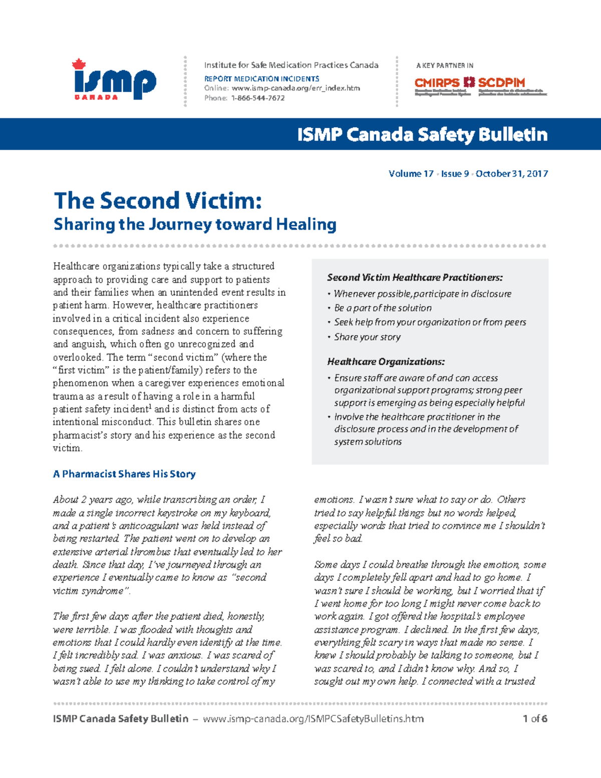 ISMP Canada Safety Bulletin: The Second Victim Experience (Vol 17 ...