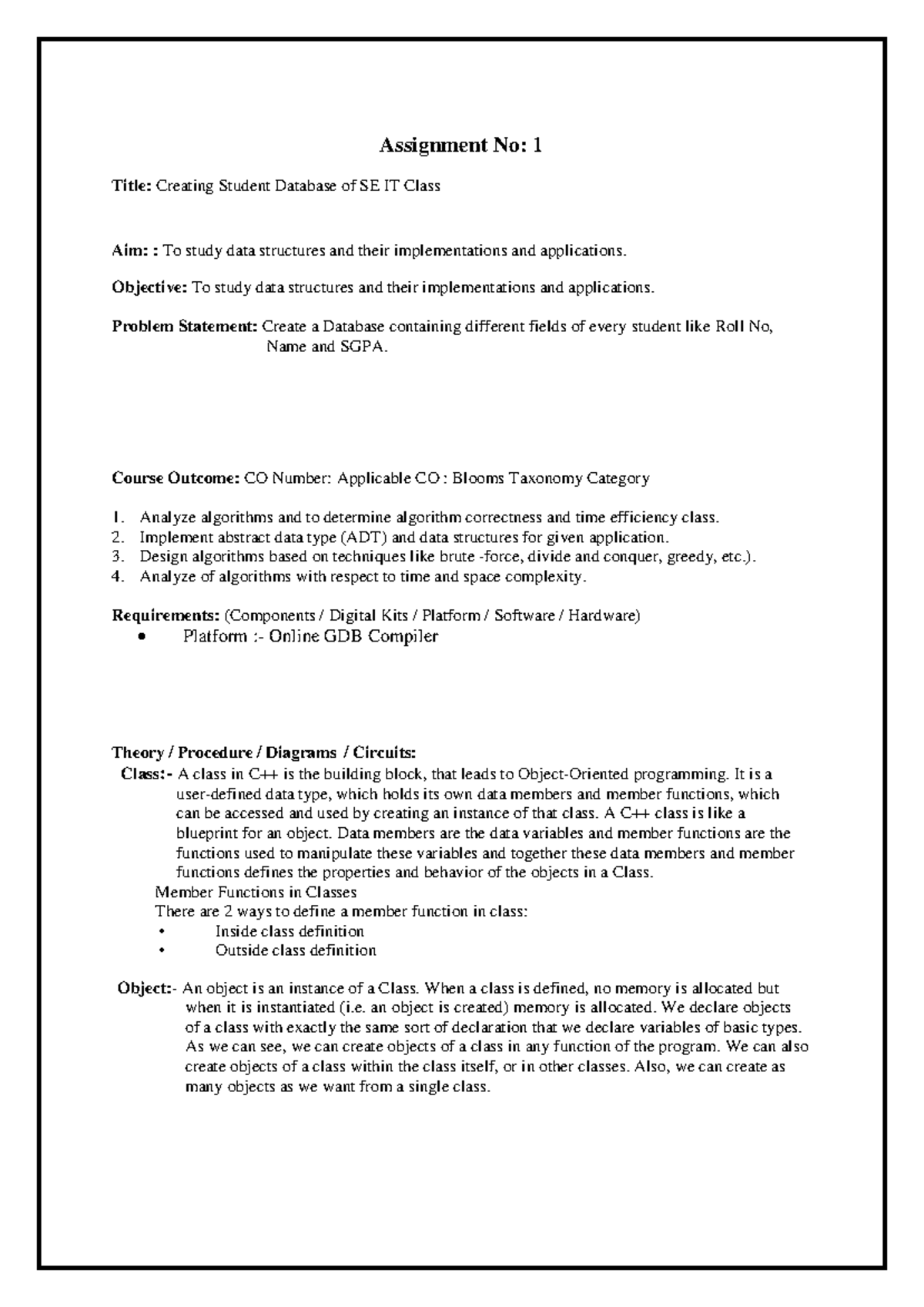 27035 Assignment 1 writeup - Assignment No: 1 Title: Creating Student Database of SE IT Class ...