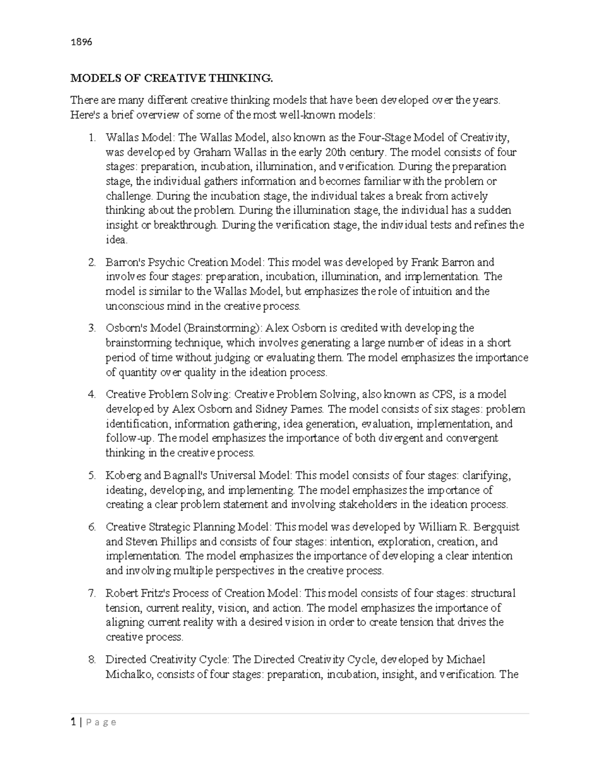 Creative Thinking Models Overview: Insights & Applications - Studocu