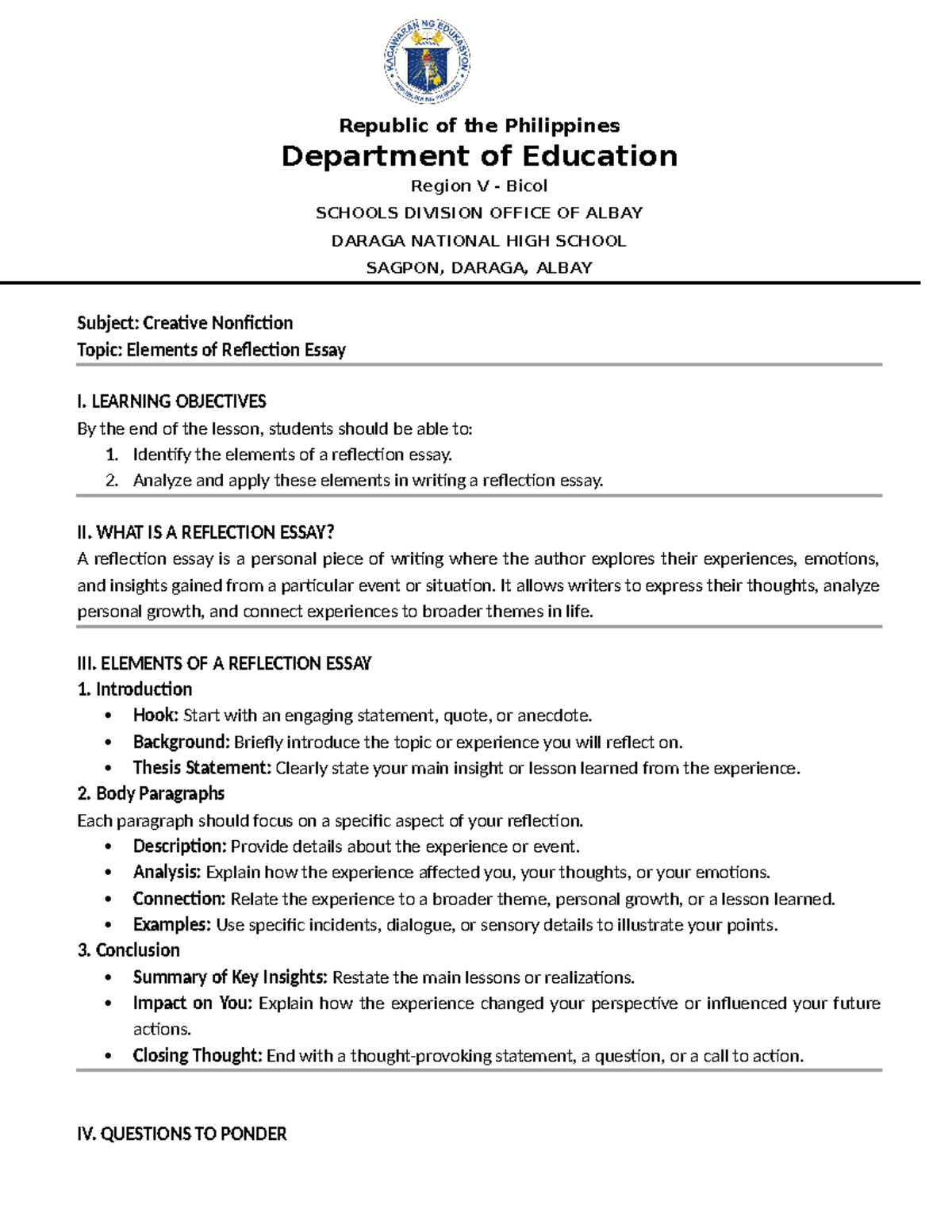 Handout 2025 - Reflective Essay - Republic of the Philippines ...