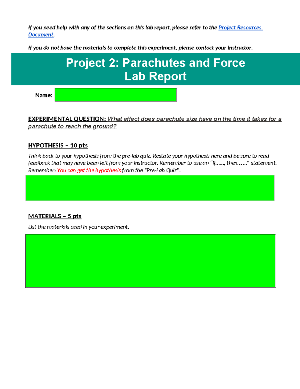 Project 2 - Parachutes and Force - Lab Report Summary and Guidelines ...