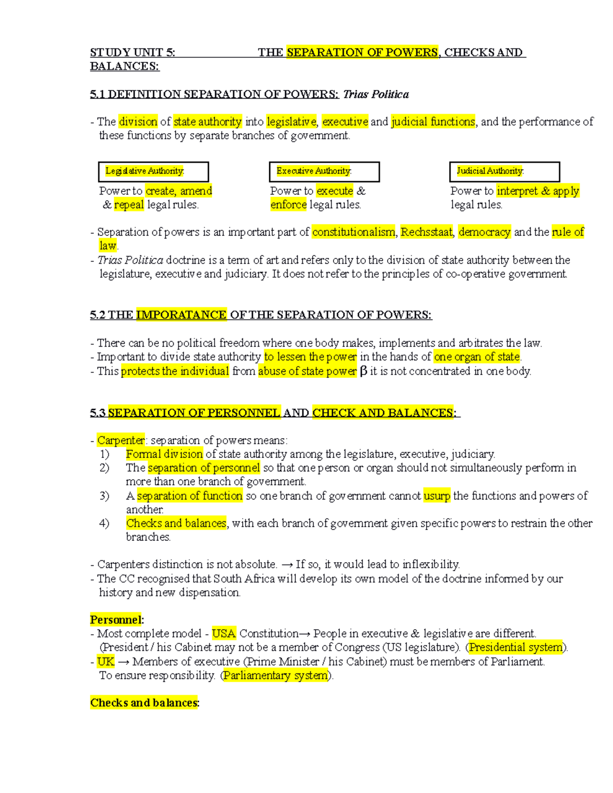 Separation of Powers and Checks & Balances: Key Legal Principles - Studocu