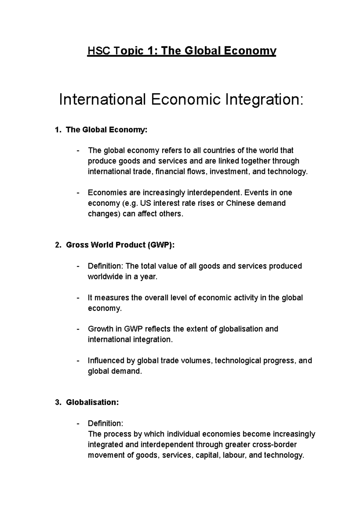 HSC Economics Topic 1: Global Economy & International Integration Notes ...
