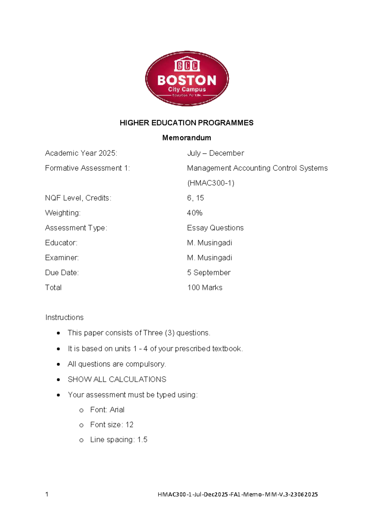 HMAC300-1: July-Dec 2025 Formative Assessment 1 Memo - Management ...