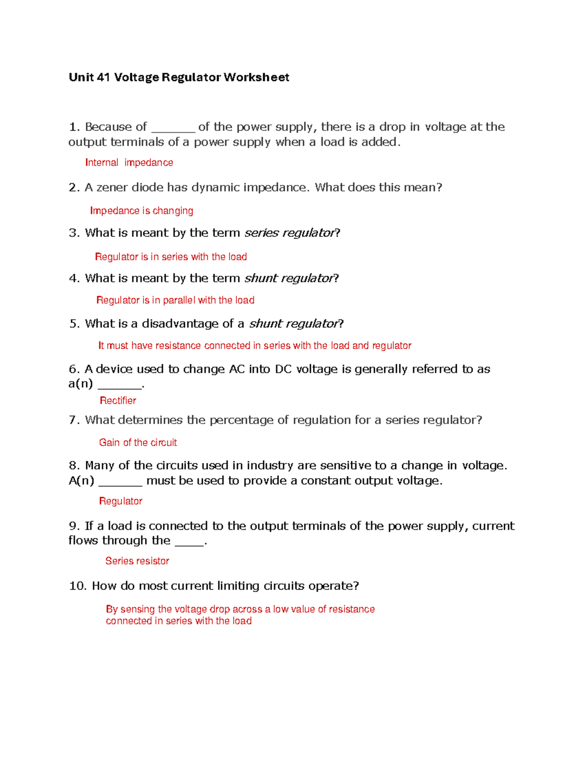 Unit 41: Voltage Regulator Worksheet & Concepts Review Guide - Studocu