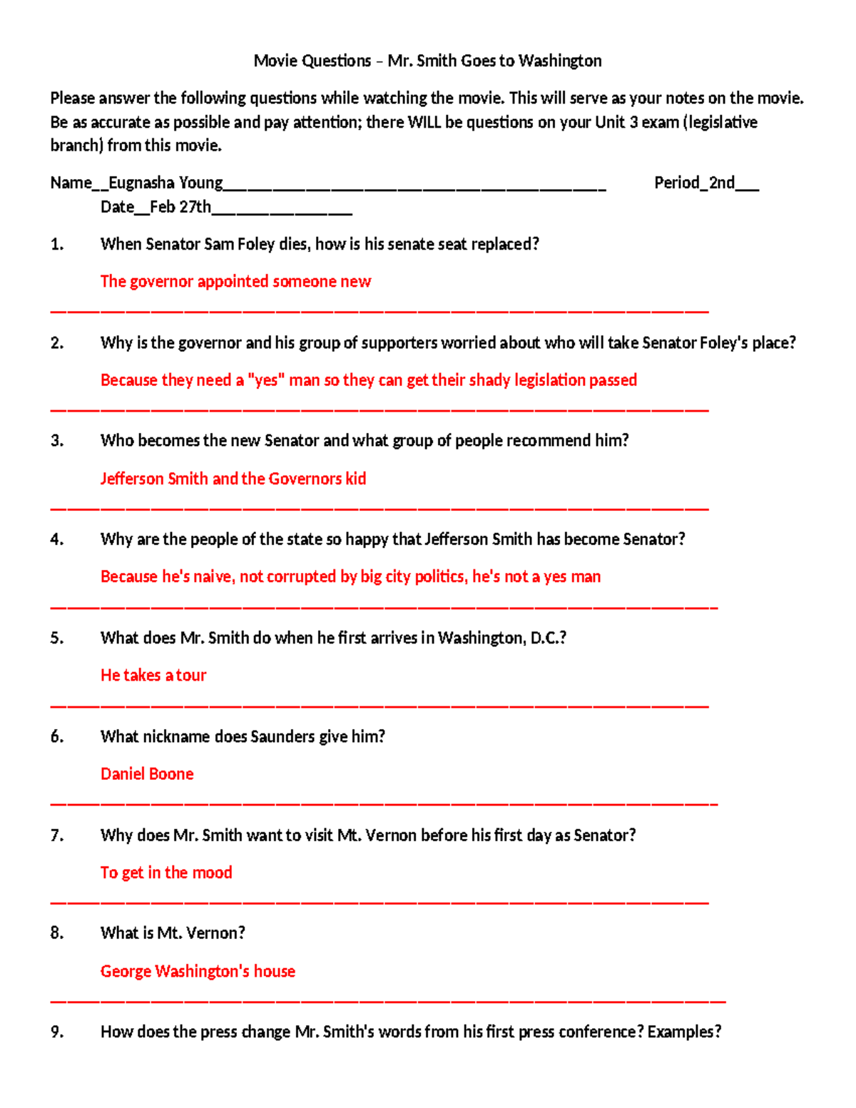 Mr. Smith Goes to Washington - Unit 3 Exam Questions Notes - Studocu