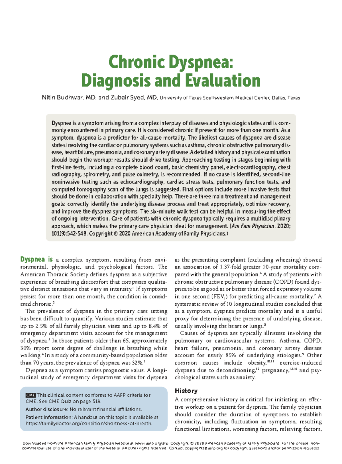 Chronic Dyspnea Evaluation and Management: AAFP Guidelines - Studocu