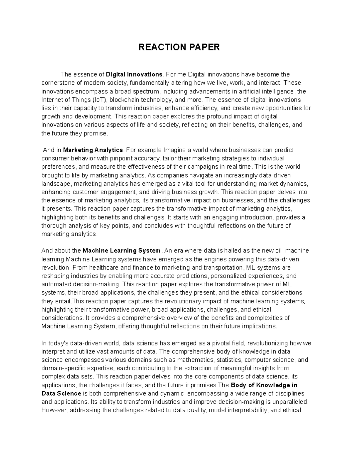 Reaction Paper on Digital Innovations, Marketing Analytics, ML & Data ...