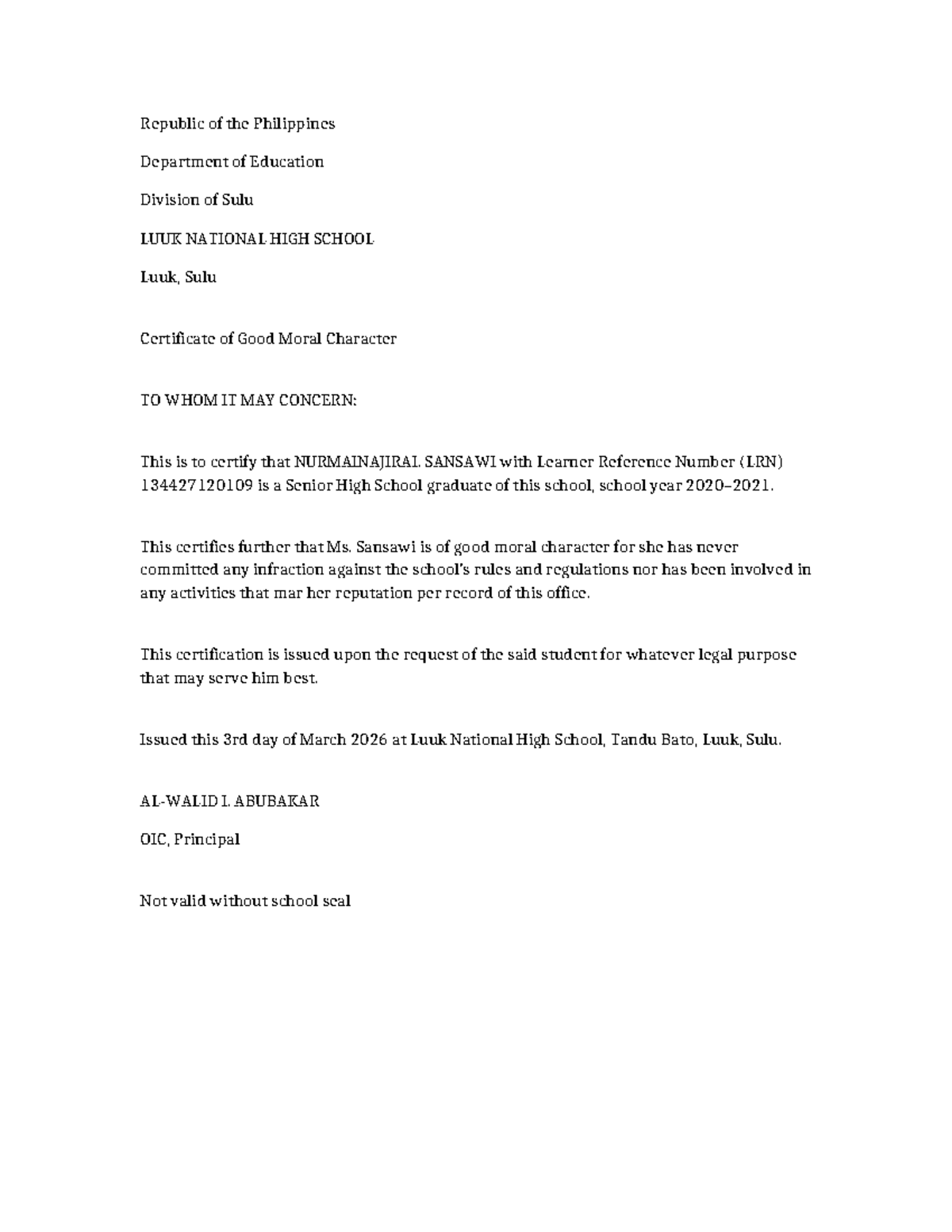 Certificate of Good Moral Character - Luuk National HS - Studocu