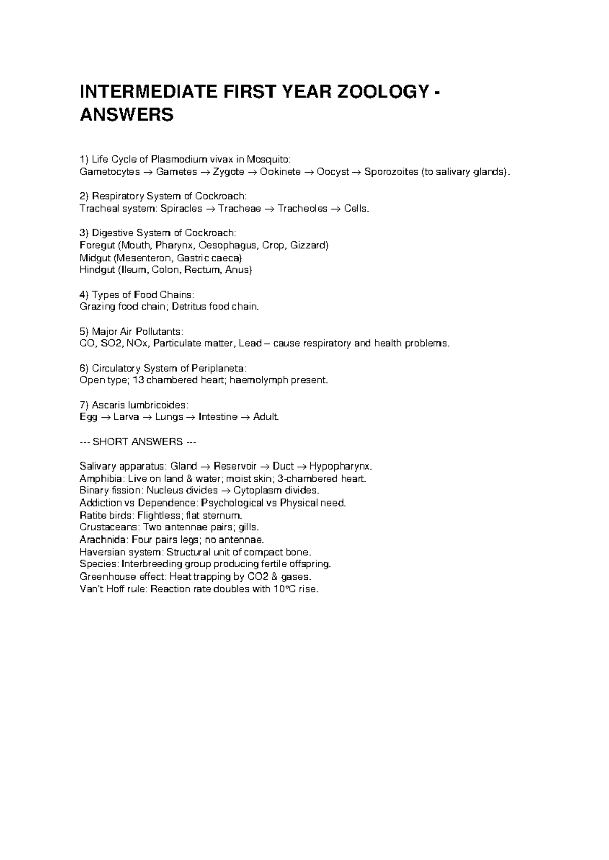 Intermediate First Year Zoology Answers: Key Concepts & Systems - Studocu