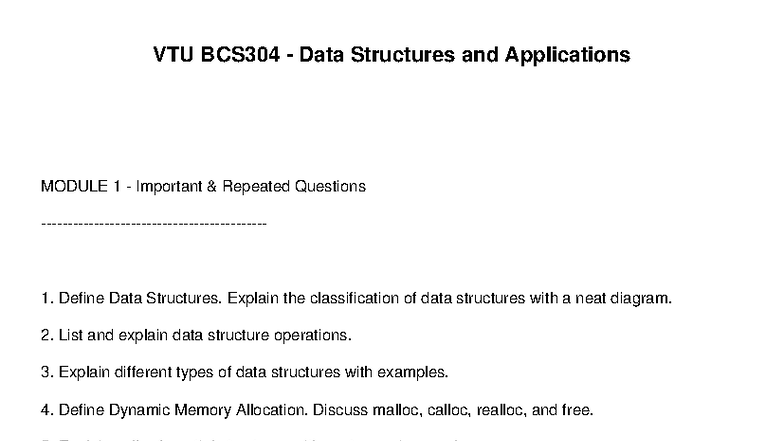 VTU BCS304 Data Structures & Applications: Key Questions for Modules 1 ...