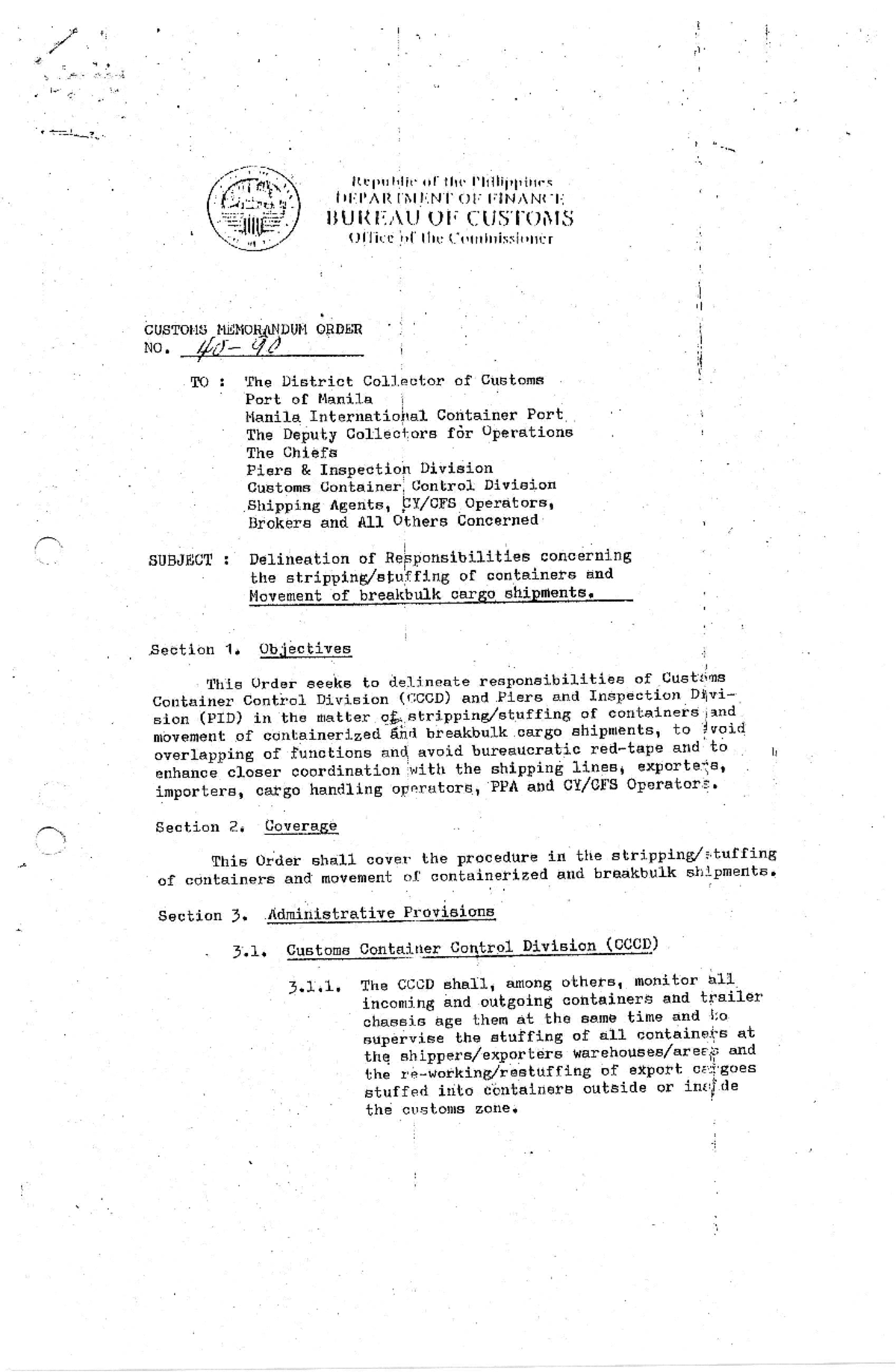 CMO-040-1990 - Customs Memorandum on Container Management ...