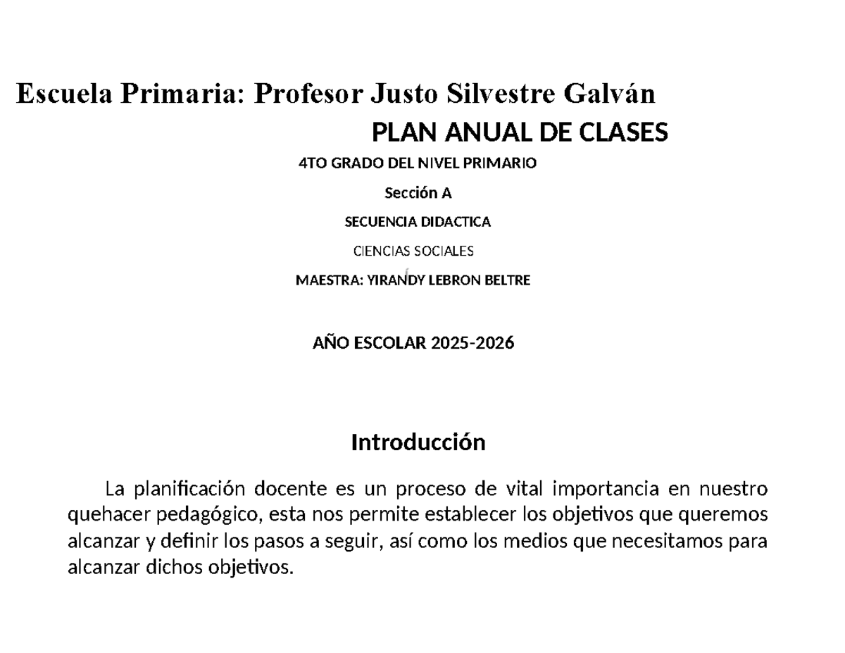 Plan Anual de Clases 4to Grado - Ciencias Sociales 2026 - Studocu
