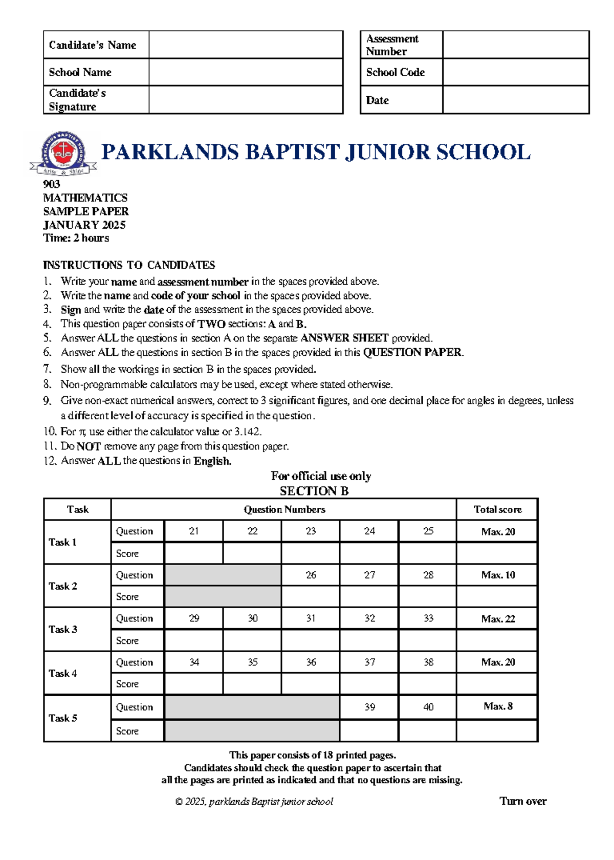 Mathematics Sample Paper 903 - End Term 1 Exam 2025 for Grade 9 - Studocu