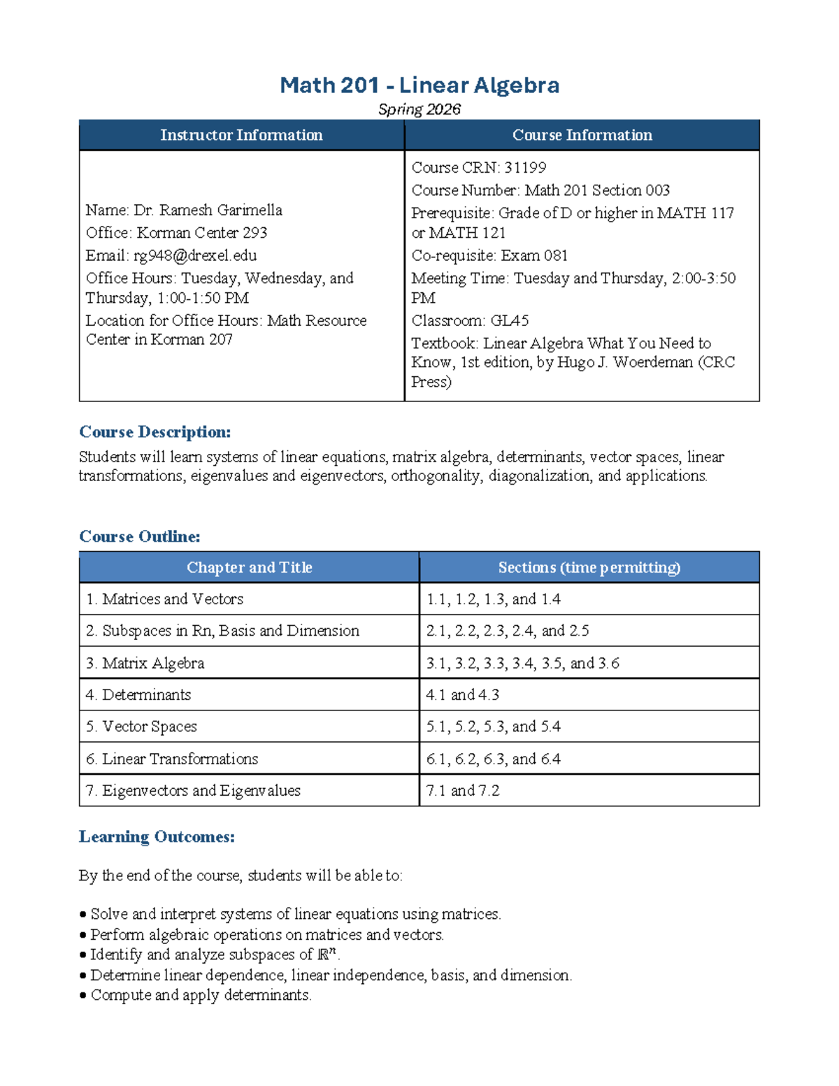 Math 201 Syllabus - Linear Algebra Spring 2026 (Prof. Garimella) - Studocu