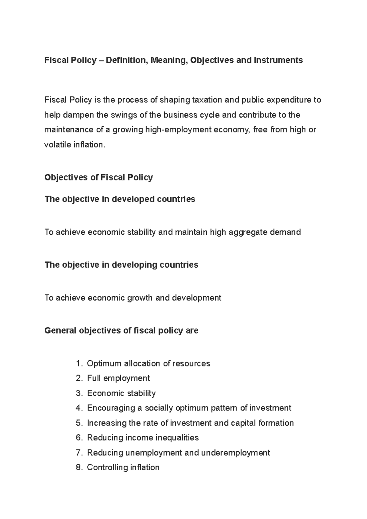 Fiscal Policy – Definition, Meaning, Objectives and Instruments ...