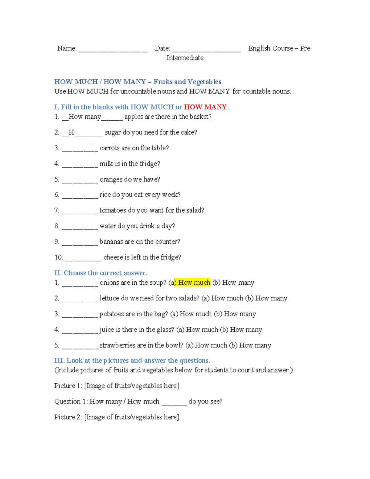 Intermediate English Course: How Much vs. How Many Practice - Studocu