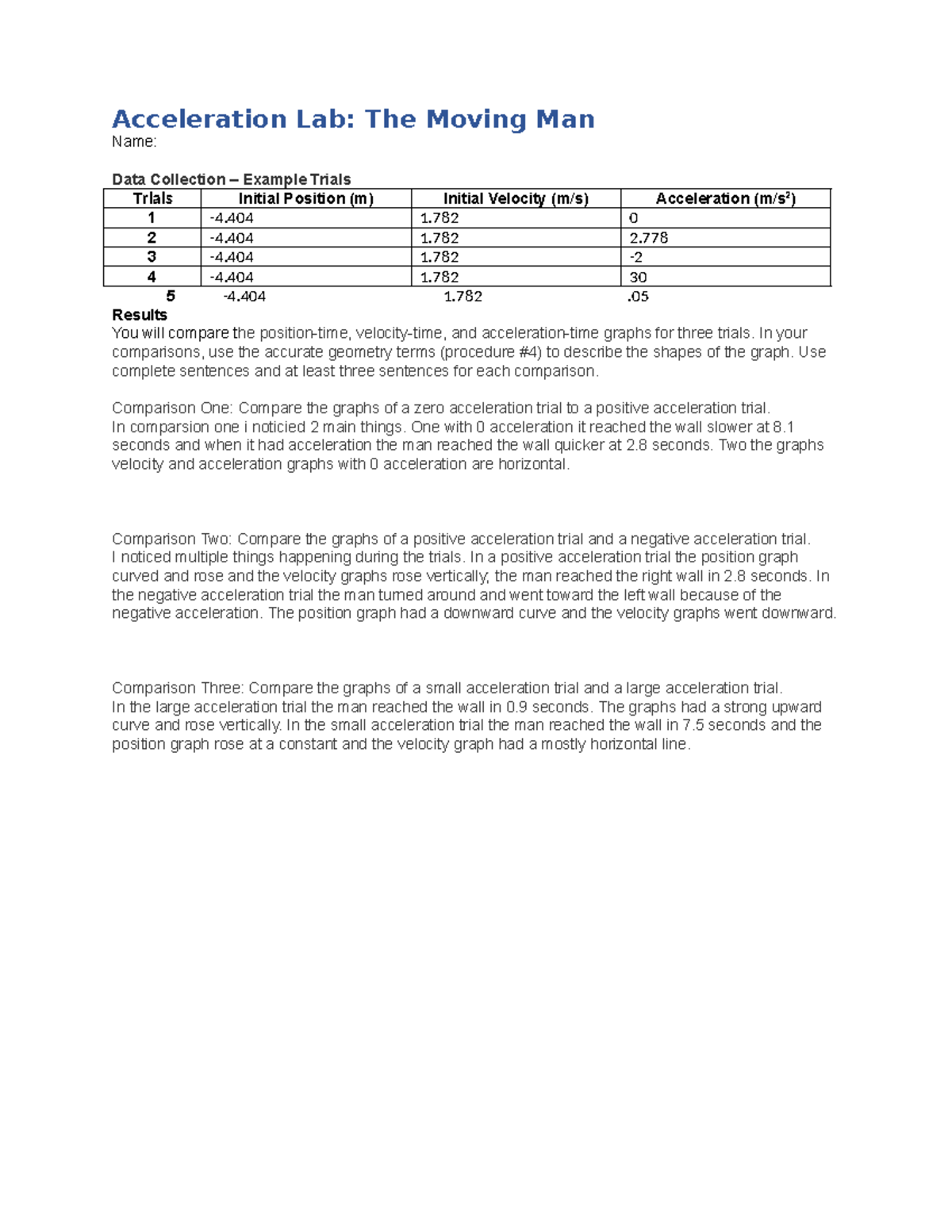 Acceleration Lab: Data Collection & Graph Comparisons (Worksheet 02 03b) - Studocu