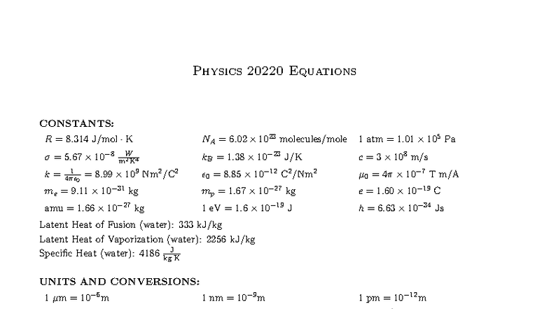 Physics 20220 Equation Sheet - Spring 2025 V10 - Studocu