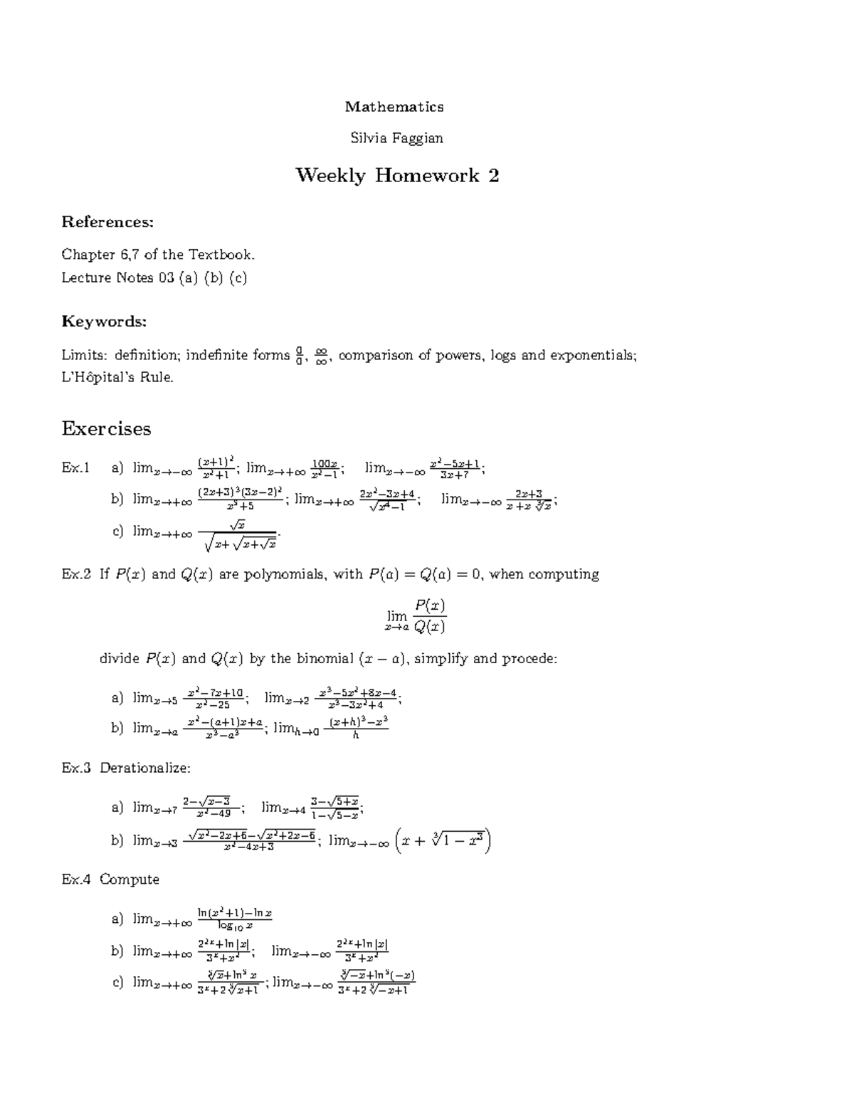 Mathematics WH02: Weekly Homework 2 - Limits and Exercises - Studocu