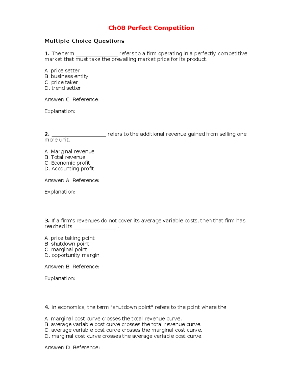 CH 08 Perfect Competition: Detailed MCQ & Explanations - Studocu