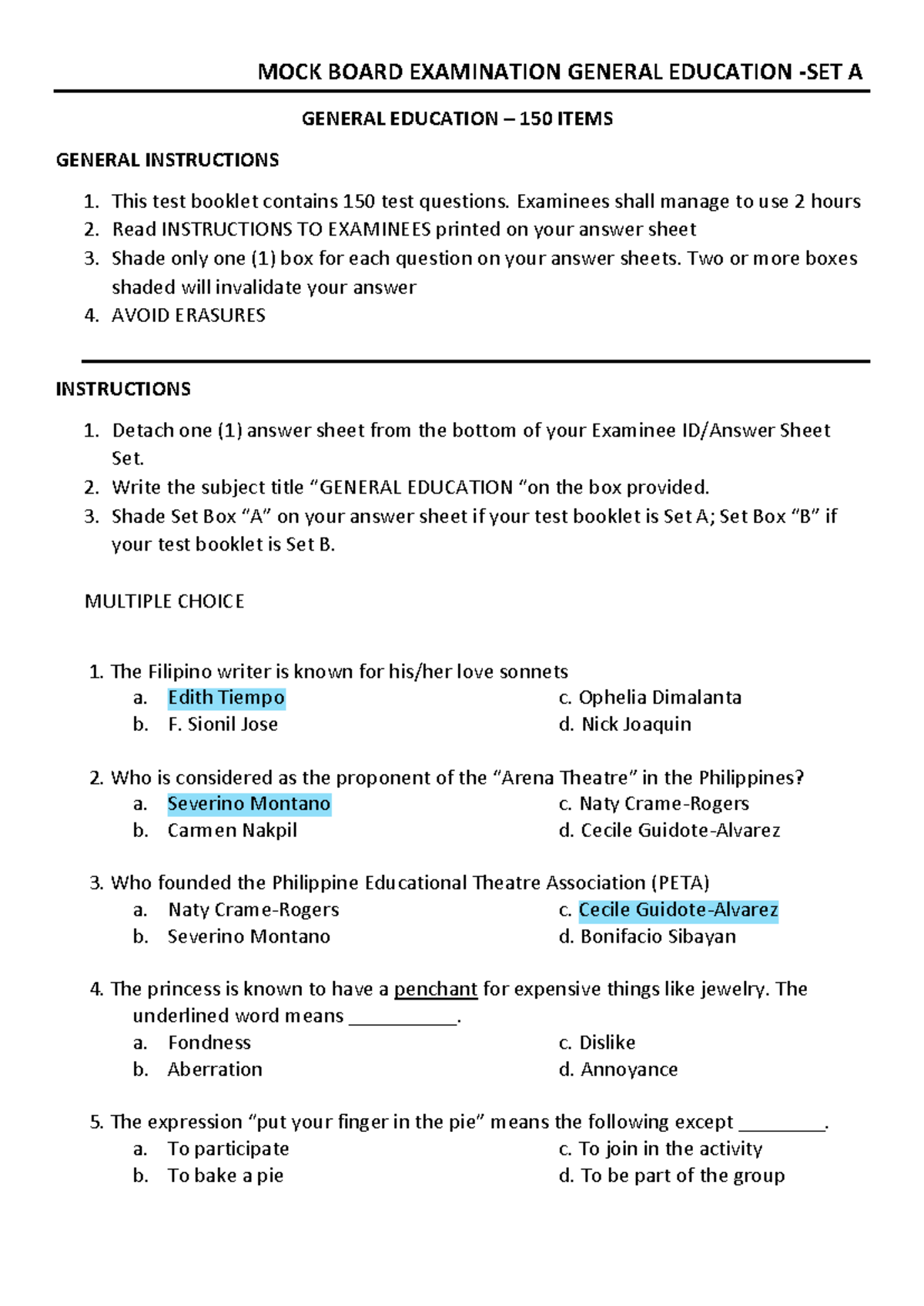 MOCK BOARD EXAMINATION GENERAL EDUCATION A: 150 ITEM PRACTICE TEST ...