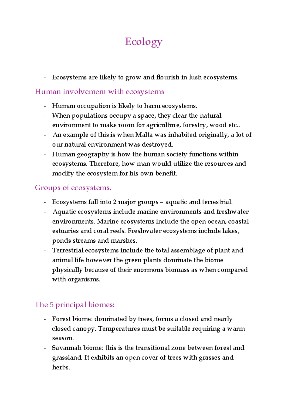 Ecology: Human Impact and Ecosystem Types - Studocu