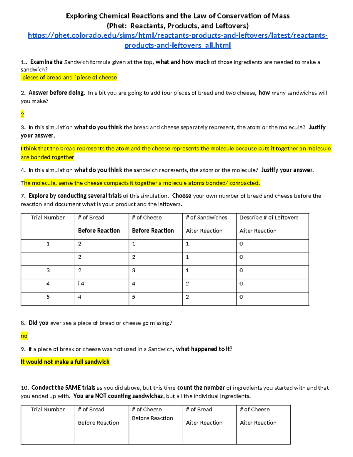 Phet Simulation Analysis: Reactants, Products & Leftovers (Chemistry ...