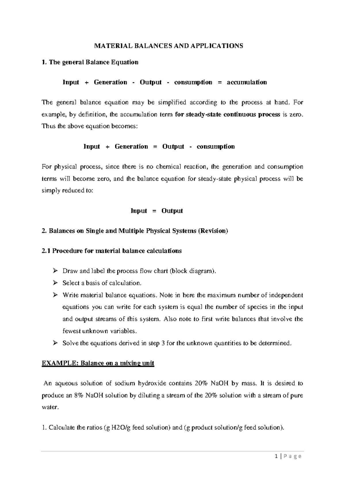 Material Balances and Applications in Chemical Engineering (CHEM 101 ...