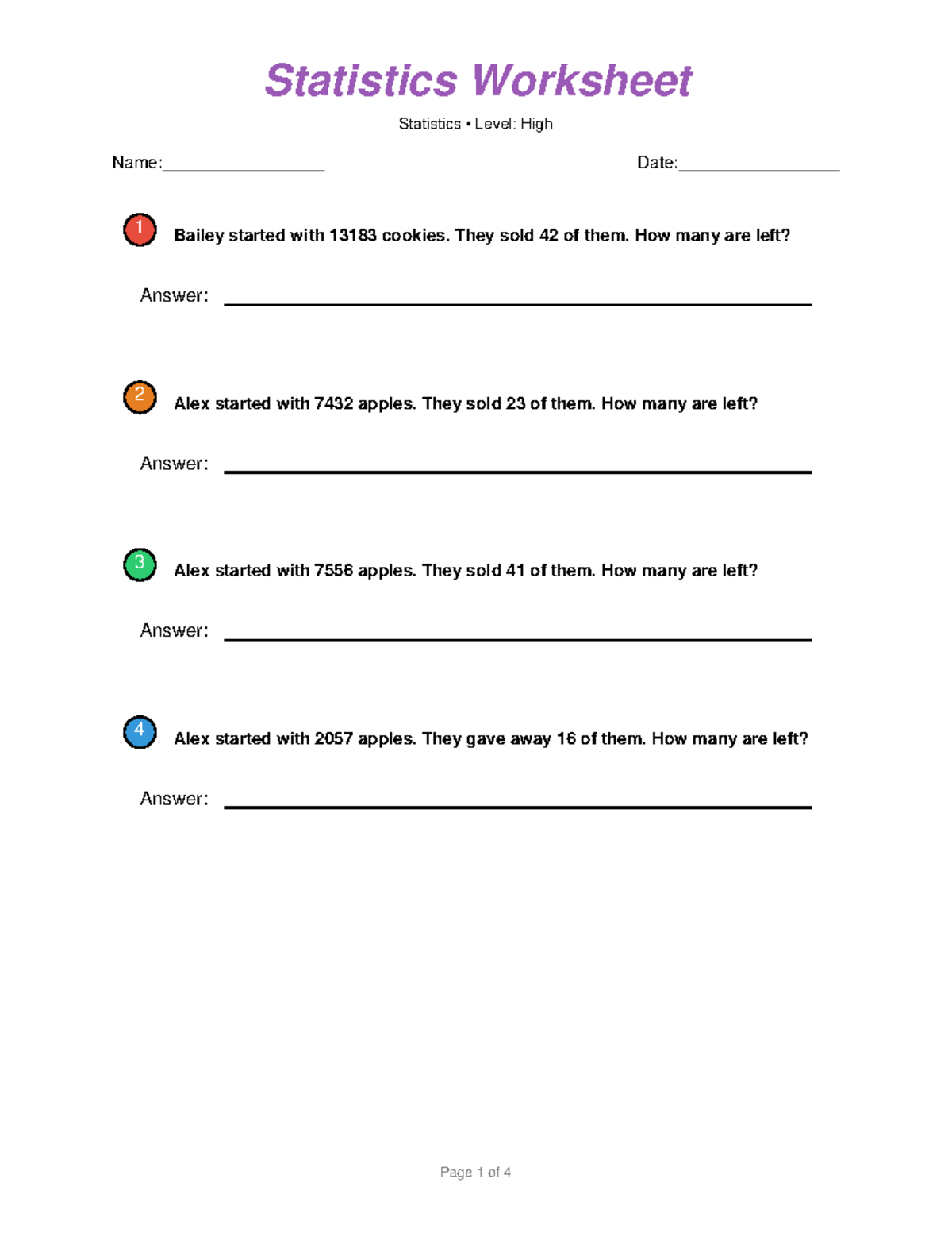 Statistics Worksheet - Level High 1 - Practice Problems - Studocu