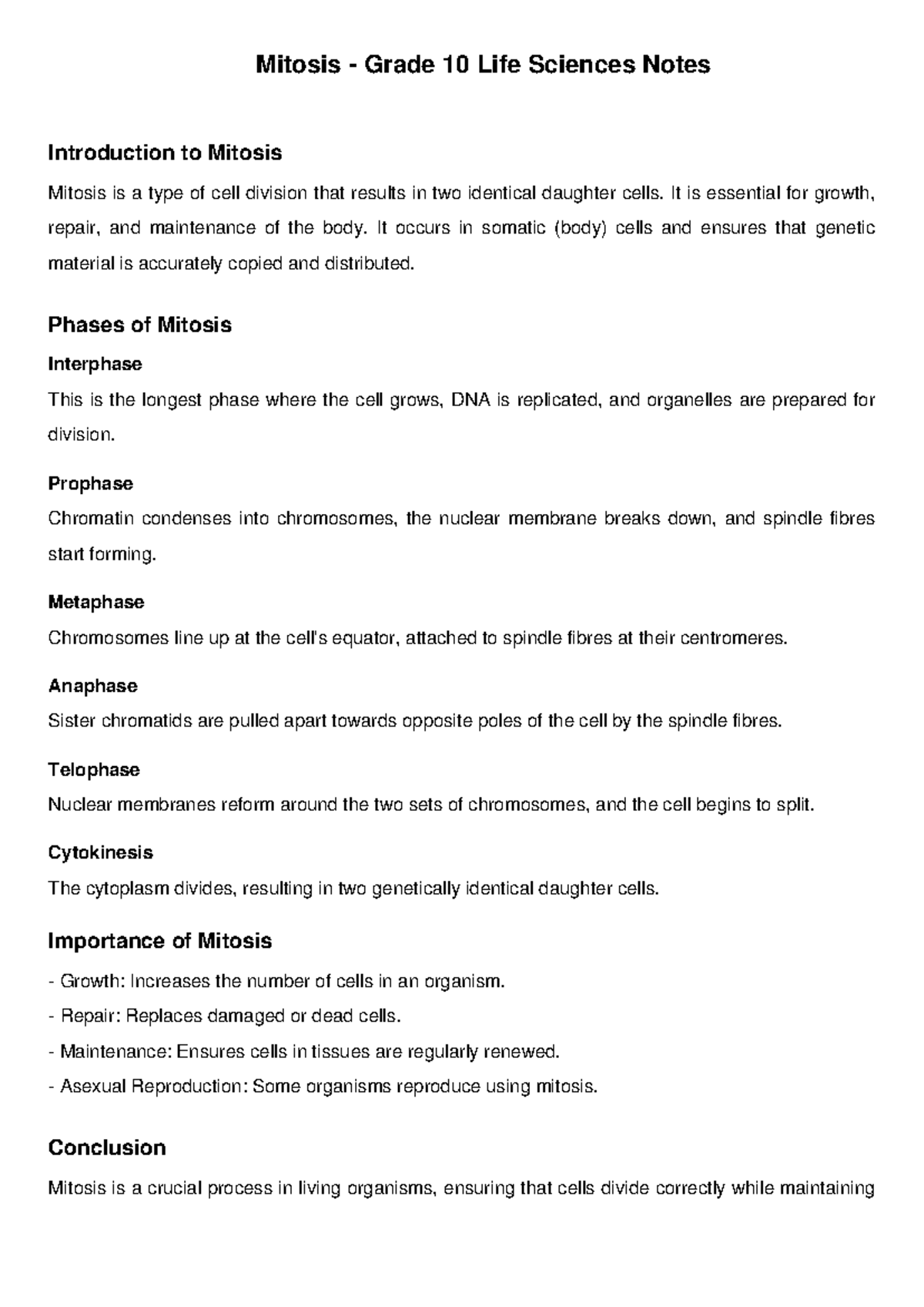 Grade 10 Life Sciences: Mitosis Notes and Key Phases Explained - Studocu
