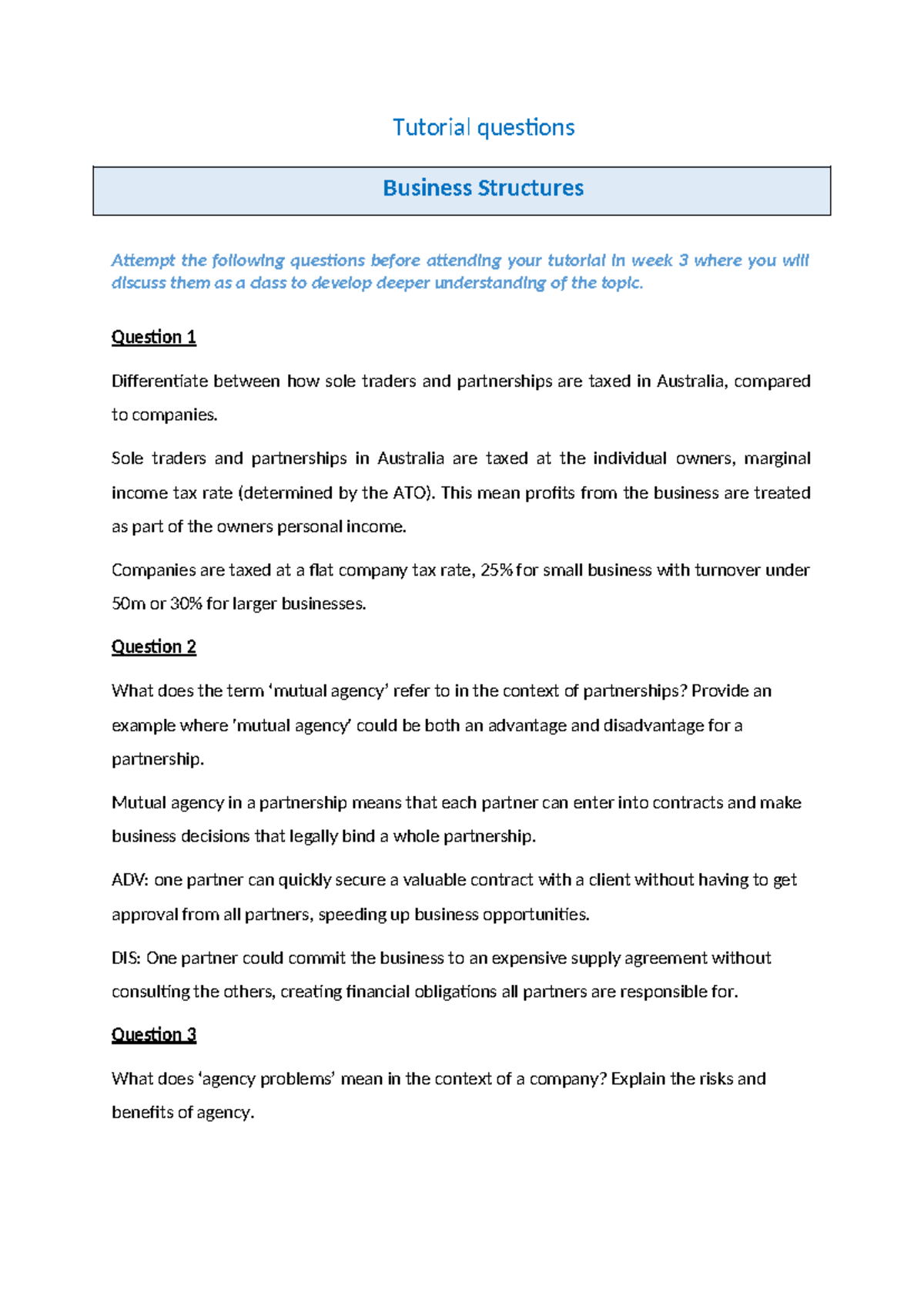 Business Structures Tutorial Questions (Week 3) - ACC 101 - Studocu