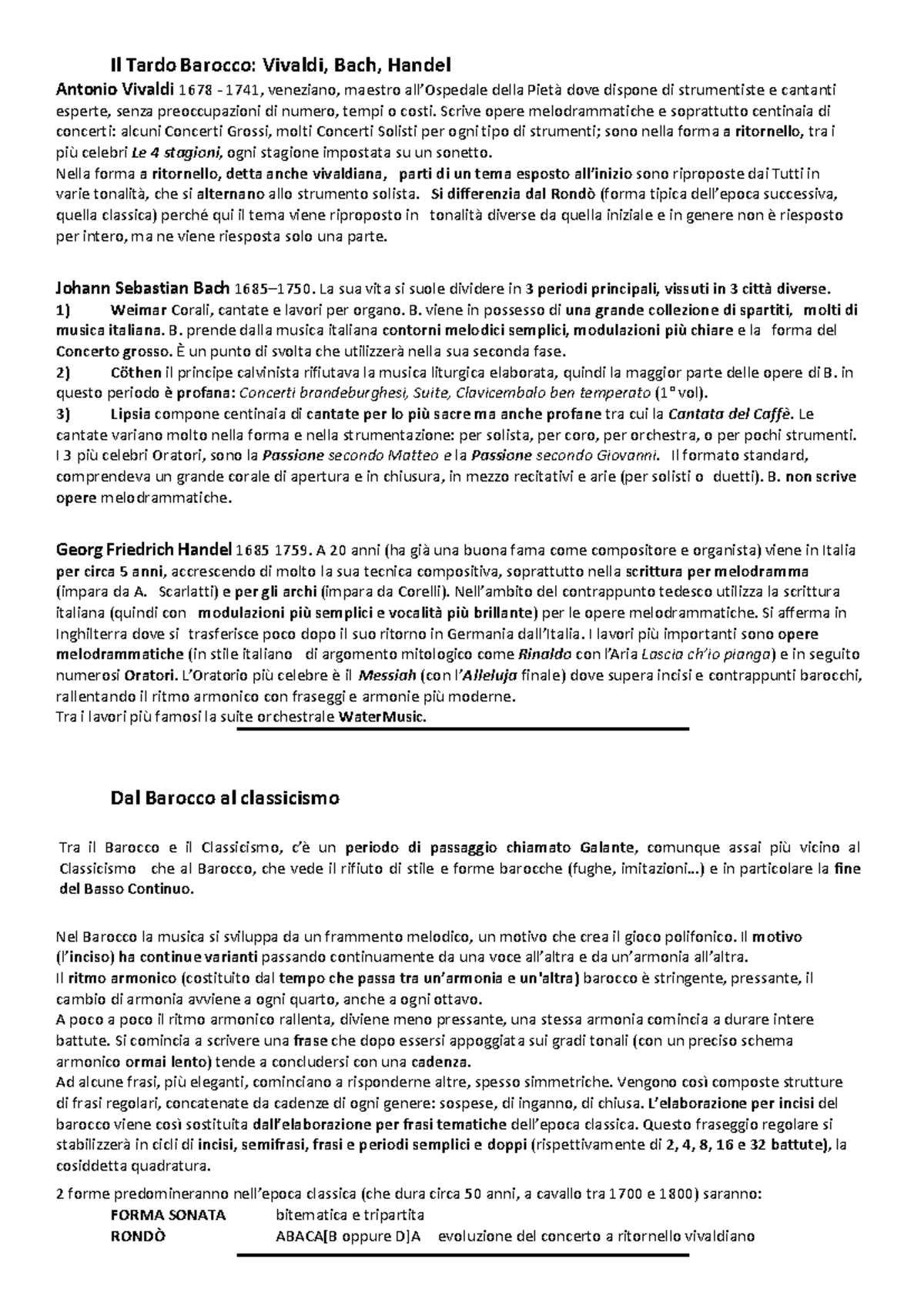 Sunto Storia della Musica II: Barocco, Classicismo e Romanticismo - Studocu