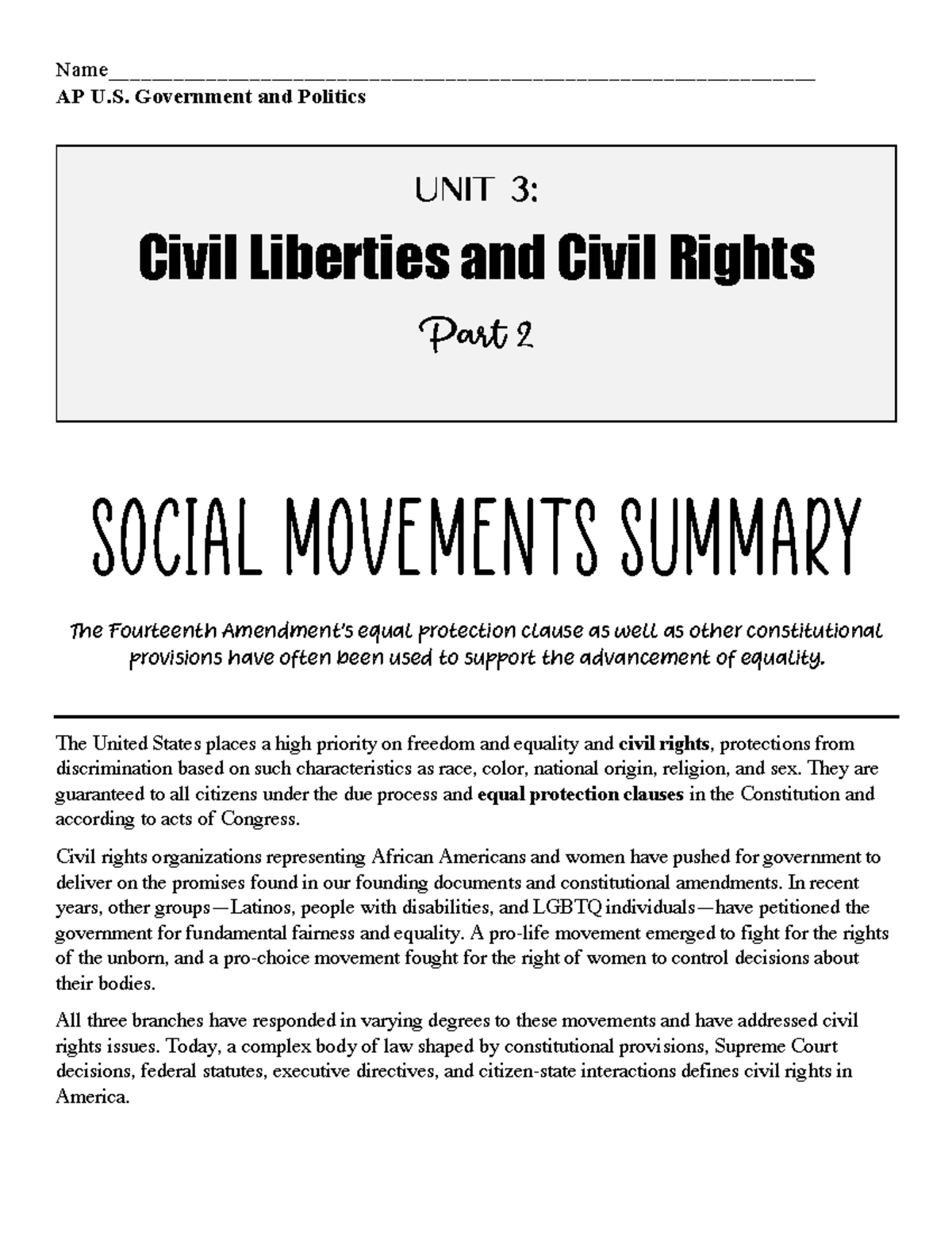 AP U.S. Government & Politics Unit 3: Civil Liberties & Rights Summary ...